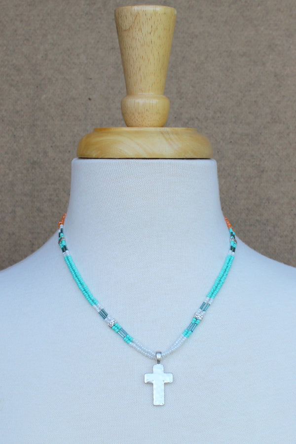 Colorblock Seed Bead Cross Necklace, Turquoise - Elise