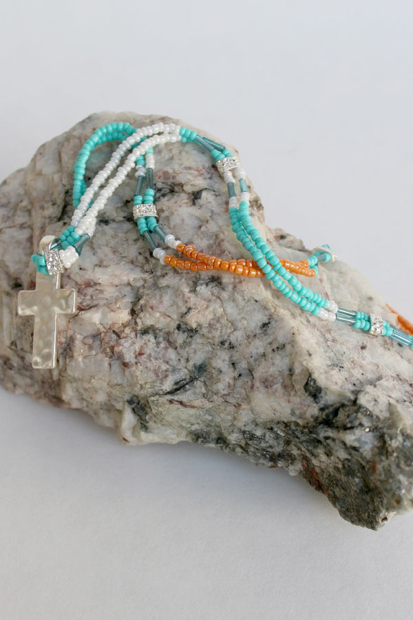 Colorblock Seed Bead Cross Necklace, Turquoise - Elise